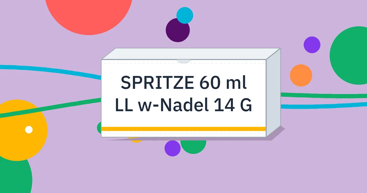 Symbolbild: Packung mit der Aufschrift SPRITZE 60 ml LL w-Nadel 14 G (PZN 10557991) – Verfügbarkeit und Bezug in Apotheken in Frankfurt am Main