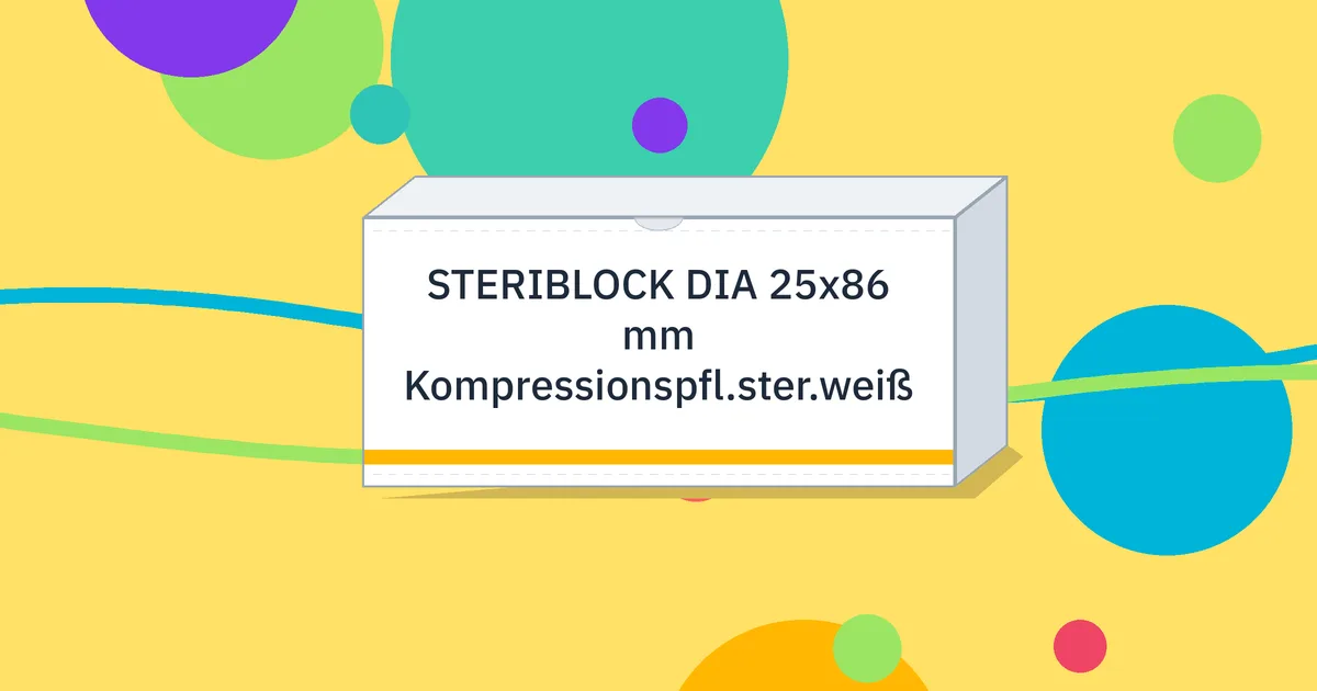 Symbolbild: Packung mit der Aufschrift STERIBLOCK DIA 25x86 mm Kompressionspfl.ster.weiß (PZN 20129049) – Verfügbarkeit und Bezug in Apotheken in Frankfurt am Main