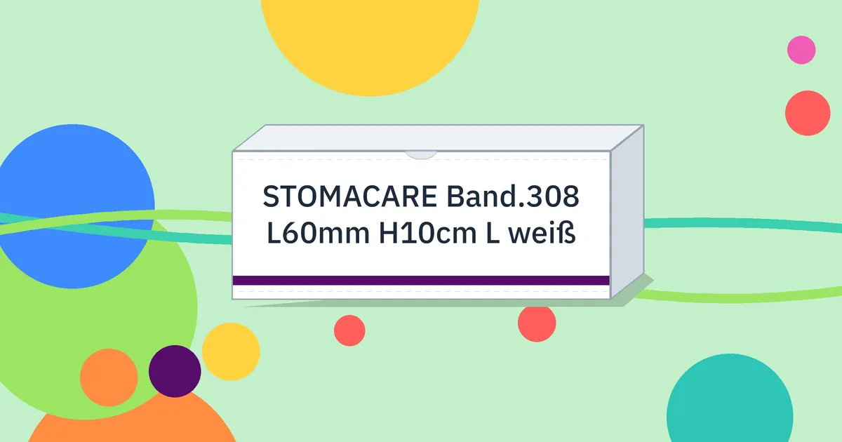 Symbolbild: Packung mit der Aufschrift STOMACARE Band.308 L60mm H10cm L weiß (PZN 03415486) – Verfügbarkeit und Bezug in Apotheken in Frankfurt am Main