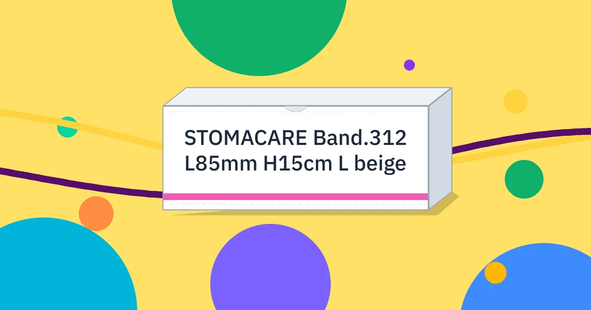 Symbolbild: Packung mit der Aufschrift STOMACARE Band.312 L85mm H15cm L beige (PZN 09437230) – Verfügbarkeit und Bezug in Apotheken in Frankfurt am Main