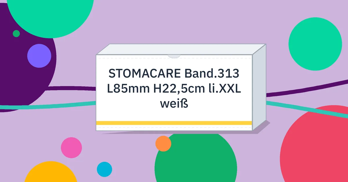 Symbolbild: Packung mit der Aufschrift STOMACARE Band.313 L85mm H22,5cm li.XXL weiß (PZN 09436880) – Verfügbarkeit und Bezug in Apotheken in Frankfurt am Main