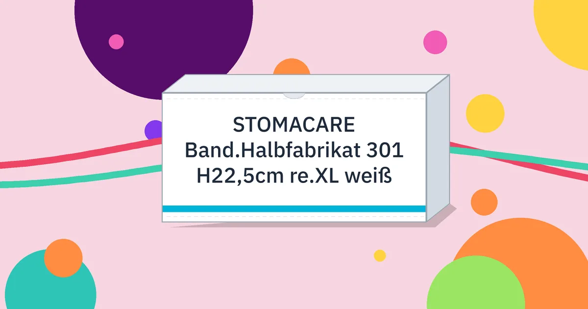 Symbolbild: Packung mit der Aufschrift STOMACARE Band.Halbfabrikat 301 H22,5cm re.XL weiß (PZN 03413955) – Verfügbarkeit und Bezug in Apotheken in Frankfurt am Main