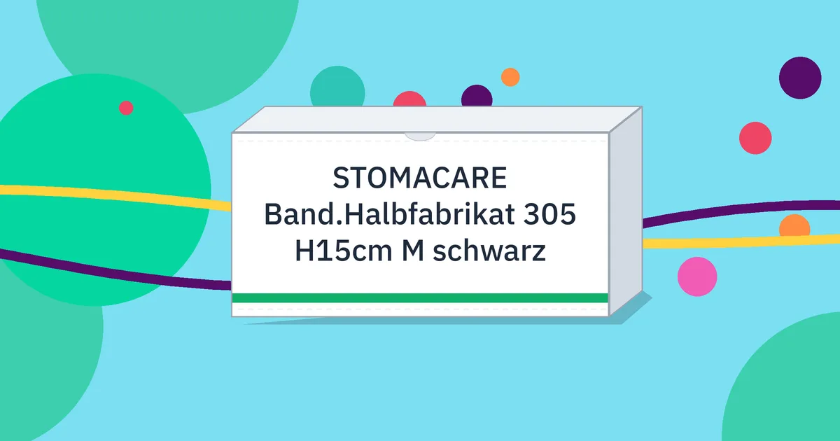 Symbolbild: Packung mit der Aufschrift STOMACARE Band.Halbfabrikat 305 H15cm M schwarz (PZN 09436779) – Verfügbarkeit und Bezug in Apotheken in Frankfurt am Main