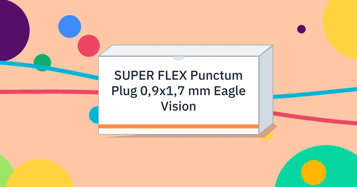 Symbolbild: Packung mit der Aufschrift SUPER FLEX Punctum Plug 0,9x1,7 mm Eagle Vision (PZN 10929352) – Verfügbarkeit und Bezug in Apotheken in Frankfurt am Main