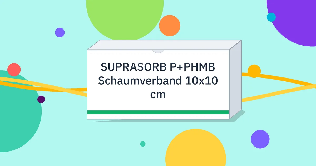 Symbolbild: Packung mit der Aufschrift SUPRASORB P+PHMB Schaumverband 10x10 cm (PZN 20280786) – Verfügbarkeit und Bezug in Apotheken in Frankfurt am Main