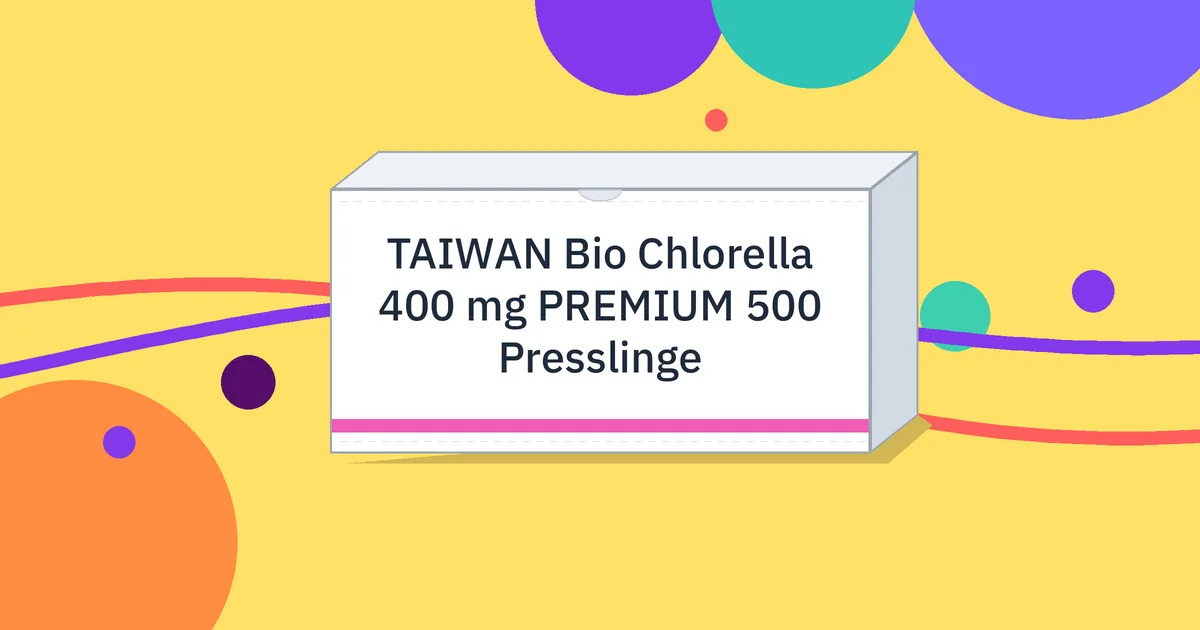 Symbolbild: Packung mit der Aufschrift TAIWAN Bio Chlorella 400 mg PREMIUM 500 Presslinge (PZN 08458810) – Verfügbarkeit und Bezug in Apotheken in Frankfurt am Main
