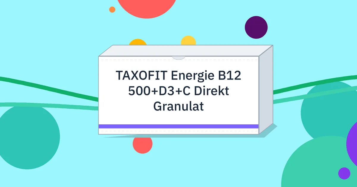 Symbolbild: Packung mit der Aufschrift TAXOFIT Energie B12 500+D3+C Direkt Granulat (PZN 05852334) – Verfügbarkeit und Bezug in Apotheken in Frankfurt am Main