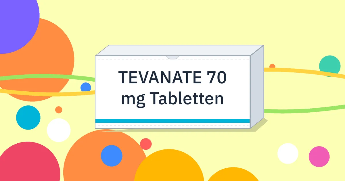 Symbolbild: Packung mit der Aufschrift TEVANATE 70 mg Tabletten (PZN 20350860) – Verfügbarkeit und Bezug in Apotheken in Frankfurt am Main