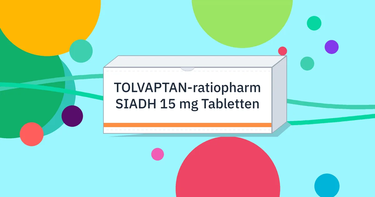 Symbolbild: Packung mit der Aufschrift TOLVAPTAN-ratiopharm SIADH 15 mg Tabletten (PZN 20058042) – Verfügbarkeit und Bezug in Apotheken in Frankfurt am Main