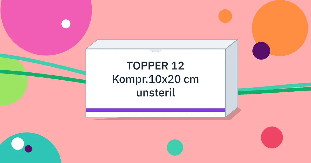 Symbolbild: Packung mit der Aufschrift TOPPER 12 Kompr.10x20 cm unsteril (PZN 09644466) – Verfügbarkeit und Bezug in Apotheken in Frankfurt am Main