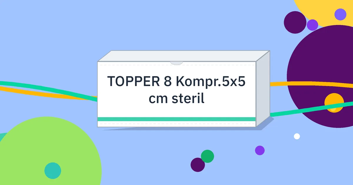 Symbolbild: Packung mit der Aufschrift TOPPER 8 Kompr.5x5 cm steril (PZN 03306018) – Verfügbarkeit und Bezug in Apotheken in Frankfurt am Main