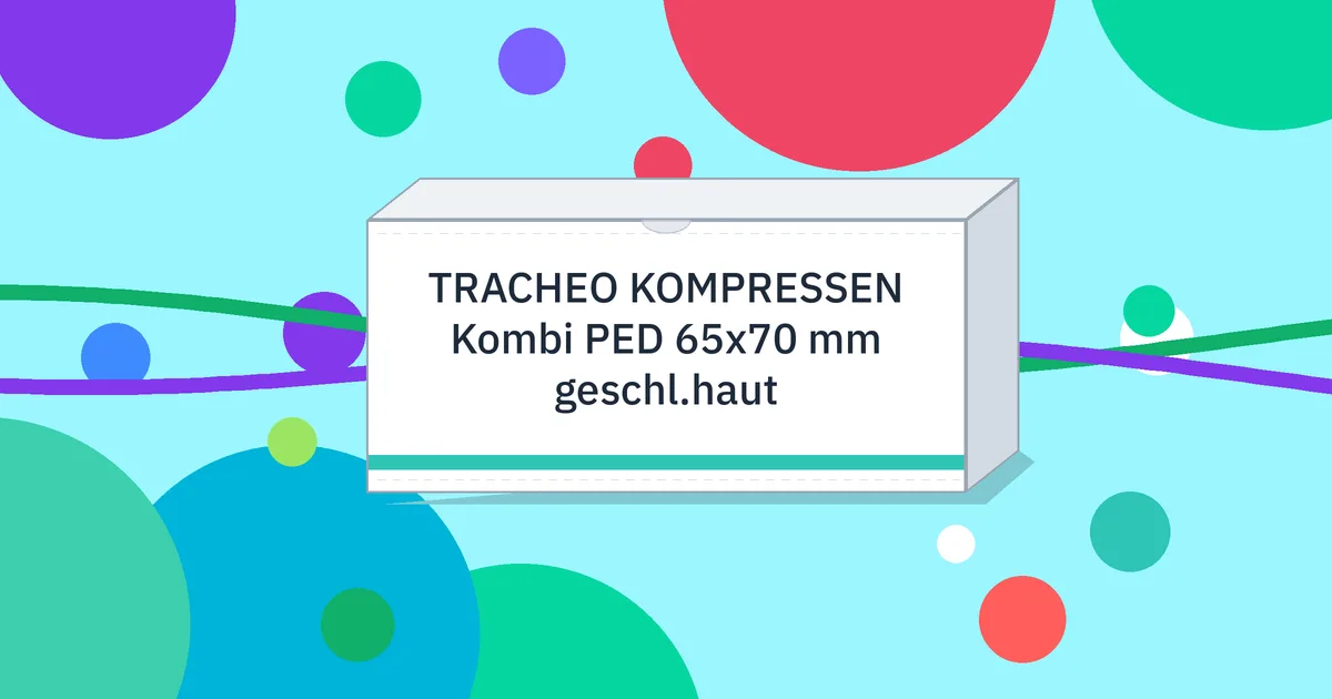 Symbolbild: Packung mit der Aufschrift TRACHEO KOMPRESSEN Kombi PED 65x70 mm geschl.haut (PZN 08846742) – Verfügbarkeit und Bezug in Apotheken in Frankfurt am Main