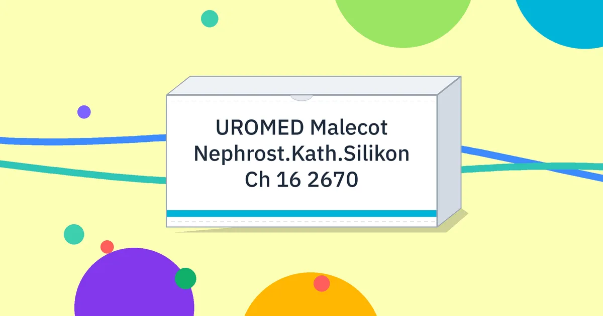 Symbolbild: Packung mit der Aufschrift UROMED Malecot Nephrost.Kath.Silikon Ch 16 2670 (PZN 03281407) – Verfügbarkeit und Bezug in Apotheken in Frankfurt am Main