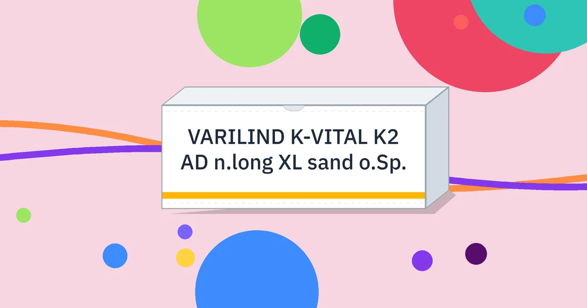 Symbolbild: Packung mit der Aufschrift VARILIND K-VITAL K2 AD n.long XL sand o.Sp. (PZN 20567625) – Verfügbarkeit und Bezug in Apotheken in Frankfurt am Main