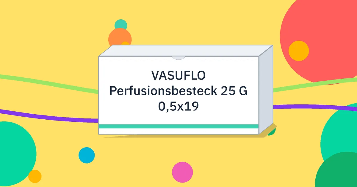 Symbolbild: Packung mit der Aufschrift VASUFLO Perfusionsbesteck 25 G 0,5x19 (PZN 08402815) – Verfügbarkeit und Bezug in Apotheken in Frankfurt am Main