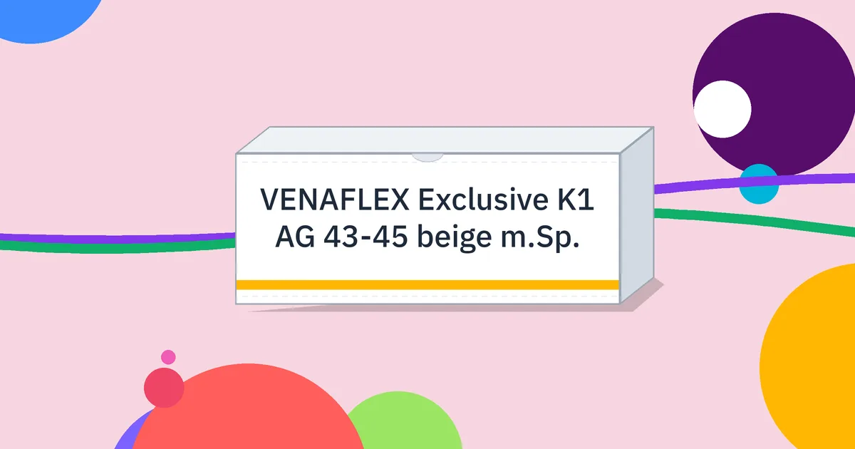 Symbolbild: Packung mit der Aufschrift VENAFLEX Exclusive K1 AG 43-45 beige m.Sp. (PZN 18309146) – Verfügbarkeit und Bezug in Apotheken in Frankfurt am Main