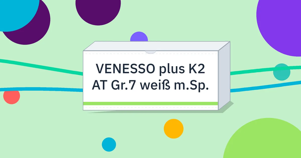 Symbolbild: Packung mit der Aufschrift VENESSO plus K2 AT Gr.7 weiß m.Sp. (PZN 03287864) – Verfügbarkeit und Bezug in Apotheken in Frankfurt am Main