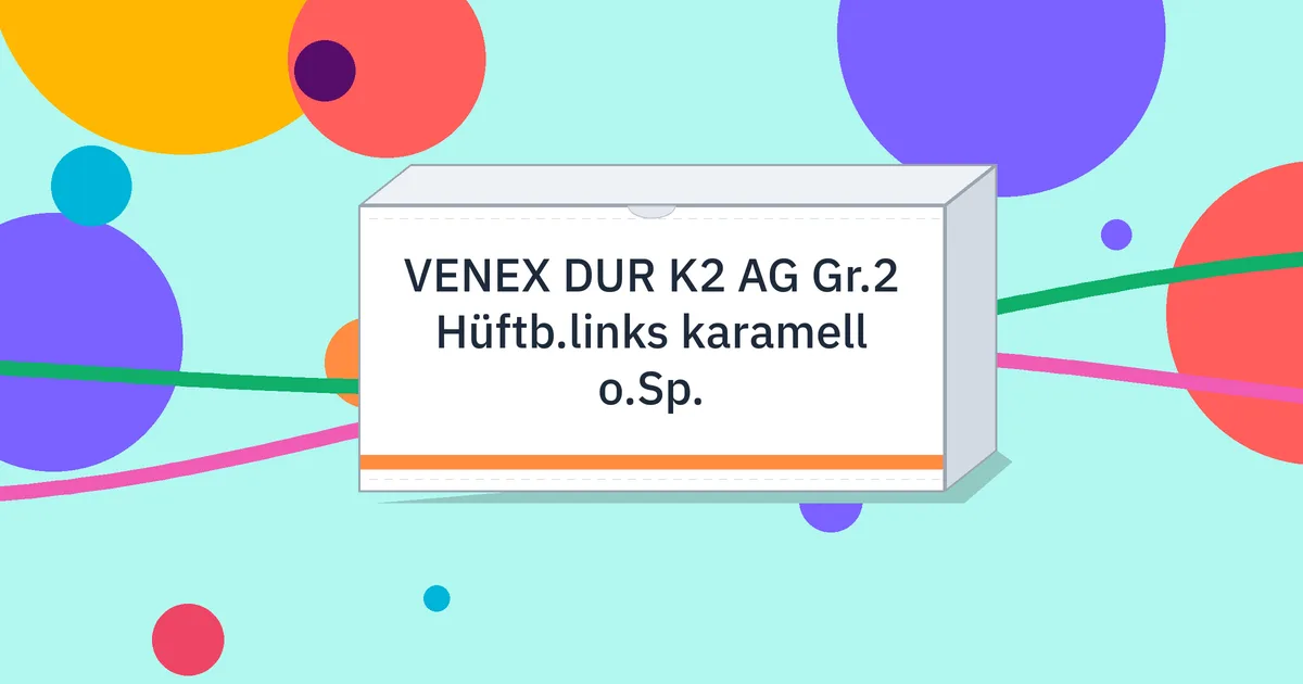 Symbolbild: Packung mit der Aufschrift VENEX DUR K2 AG Gr.2 Hüftb.links karamell o.Sp. (PZN 13761410) – Verfügbarkeit und Bezug in Apotheken in Frankfurt am Main