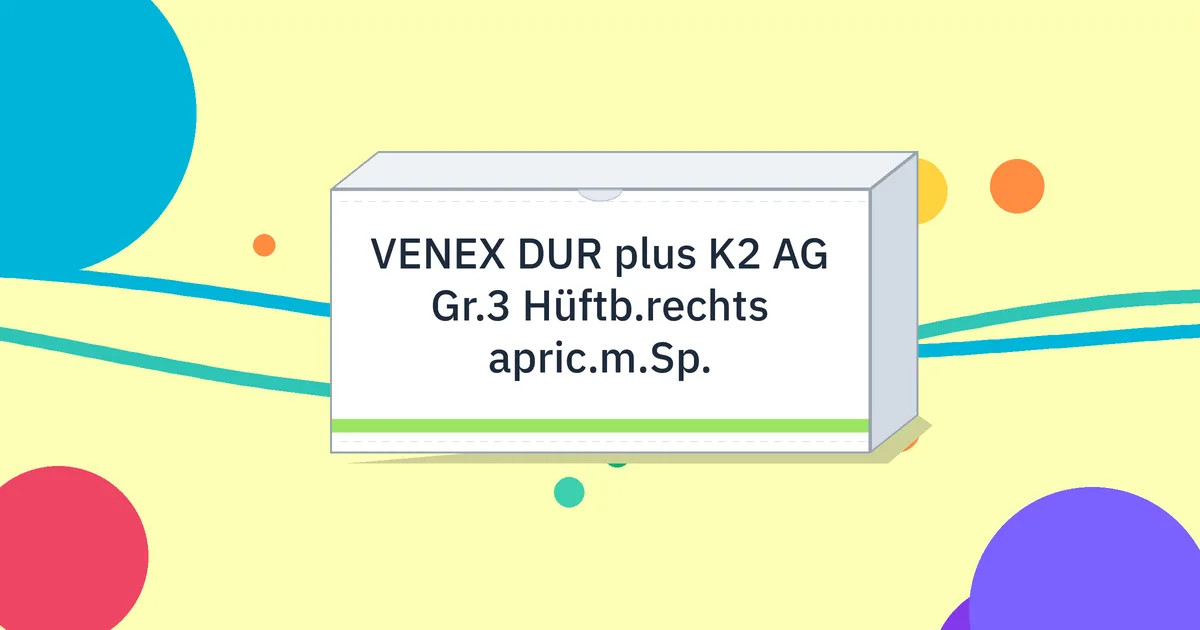 Symbolbild: Packung mit der Aufschrift VENEX DUR plus K2 AG Gr.3 Hüftb.rechts apric.m.Sp. (PZN 03237731) – Verfügbarkeit und Bezug in Apotheken in Frankfurt am Main
