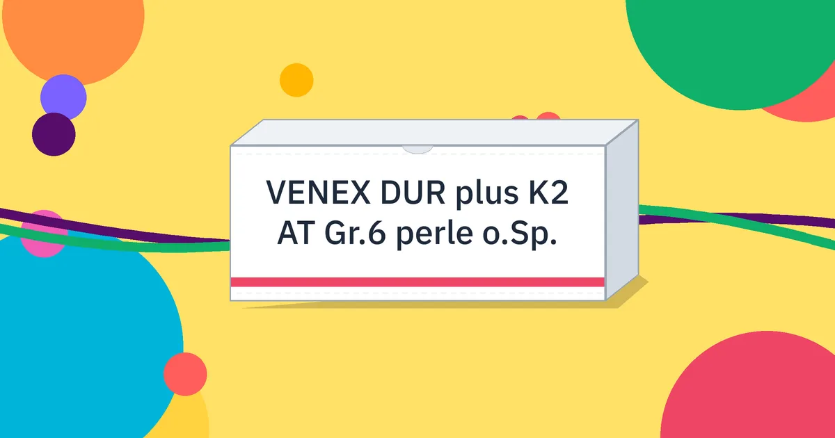 Symbolbild: Packung mit der Aufschrift VENEX DUR plus K2 AT Gr.6 perle o.Sp. (PZN 03234572) – Verfügbarkeit und Bezug in Apotheken in Frankfurt am Main