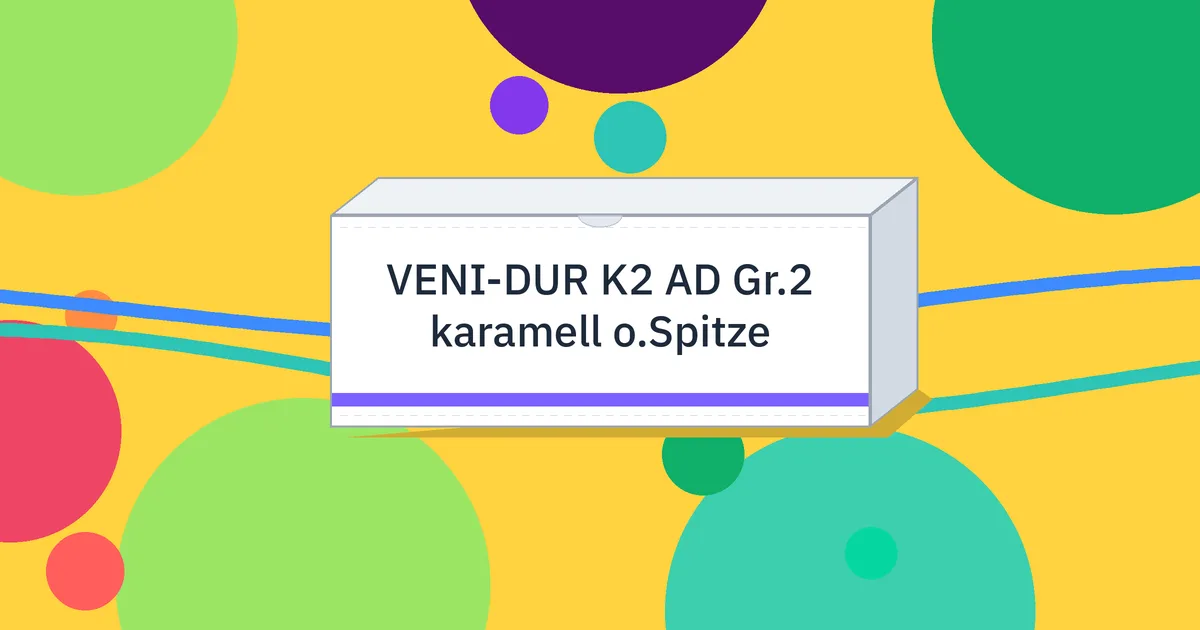 Symbolbild: Packung mit der Aufschrift VENI-DUR K2 AD Gr.2 karamell o.Spitze (PZN 13756254) – Verfügbarkeit und Bezug in Apotheken in Frankfurt am Main