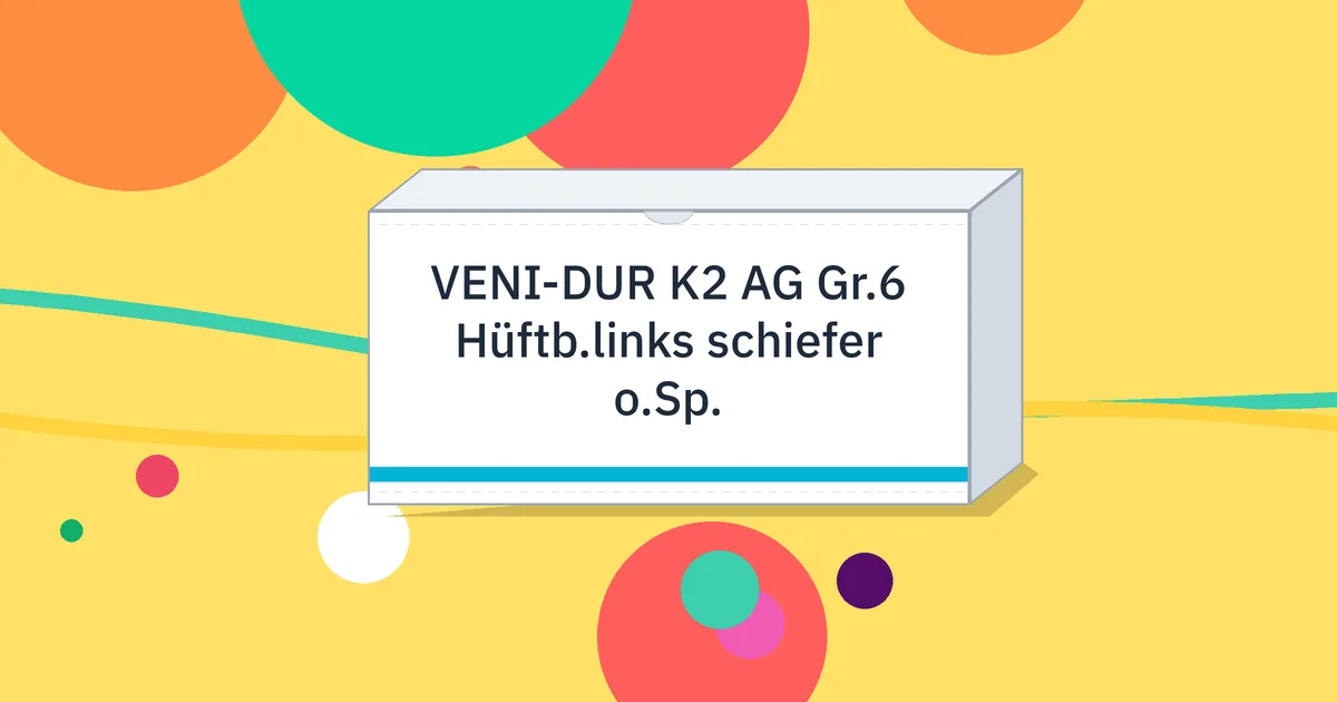 Symbolbild: Packung mit der Aufschrift VENI-DUR K2 AG Gr.6 Hüftb.links schiefer o.Sp. (PZN 03253960) – Verfügbarkeit und Bezug in Apotheken in Frankfurt am Main