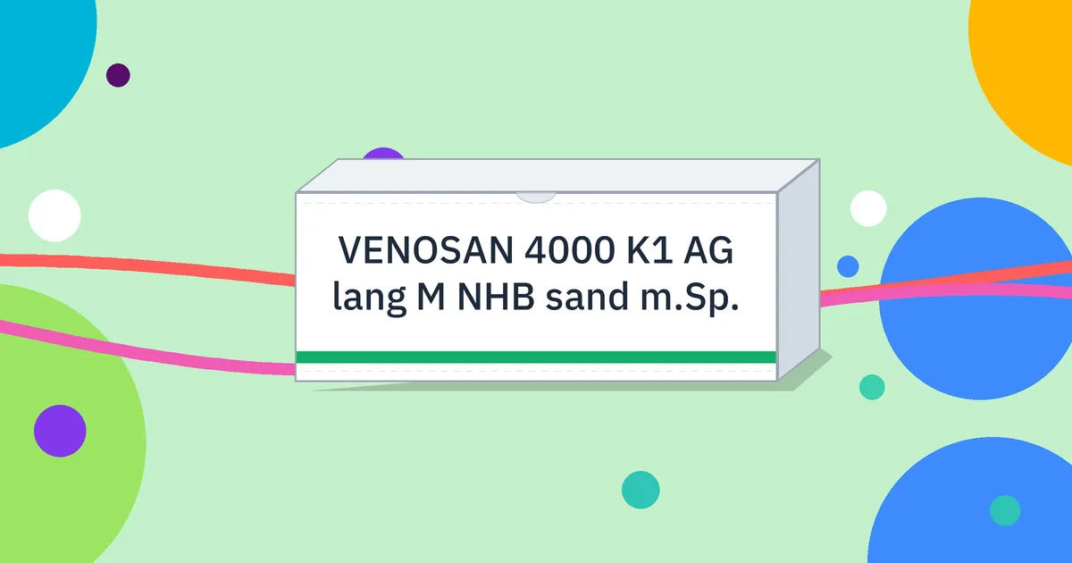 Symbolbild: Packung mit der Aufschrift VENOSAN 4000 K1 AG lang M NHB sand m.Sp. (PZN 14422124) – Verfügbarkeit und Bezug in Apotheken in Frankfurt am Main