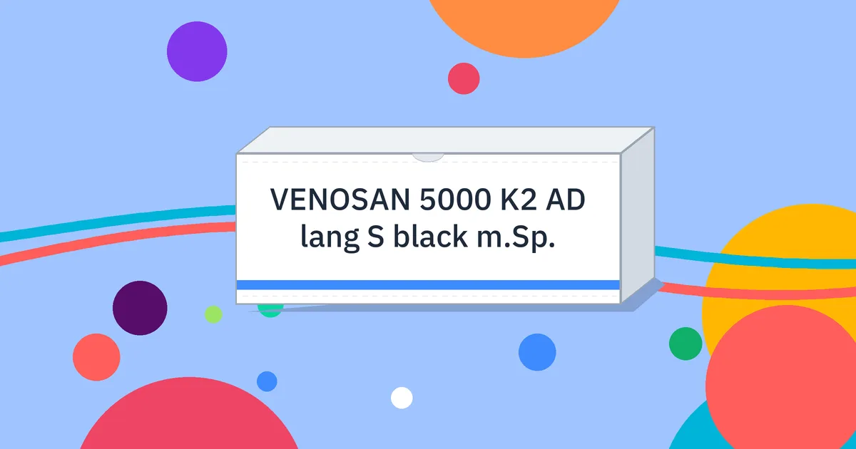 Symbolbild: Packung mit der Aufschrift VENOSAN 5000 K2 AD lang S black m.Sp. (PZN 14433116) – Verfügbarkeit und Bezug in Apotheken in Frankfurt am Main