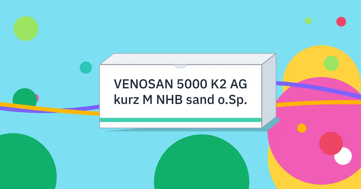 Symbolbild: Packung mit der Aufschrift VENOSAN 5000 K2 AG kurz M NHB sand o.Sp. (PZN 14428960) – Verfügbarkeit und Bezug in Apotheken in Frankfurt am Main
