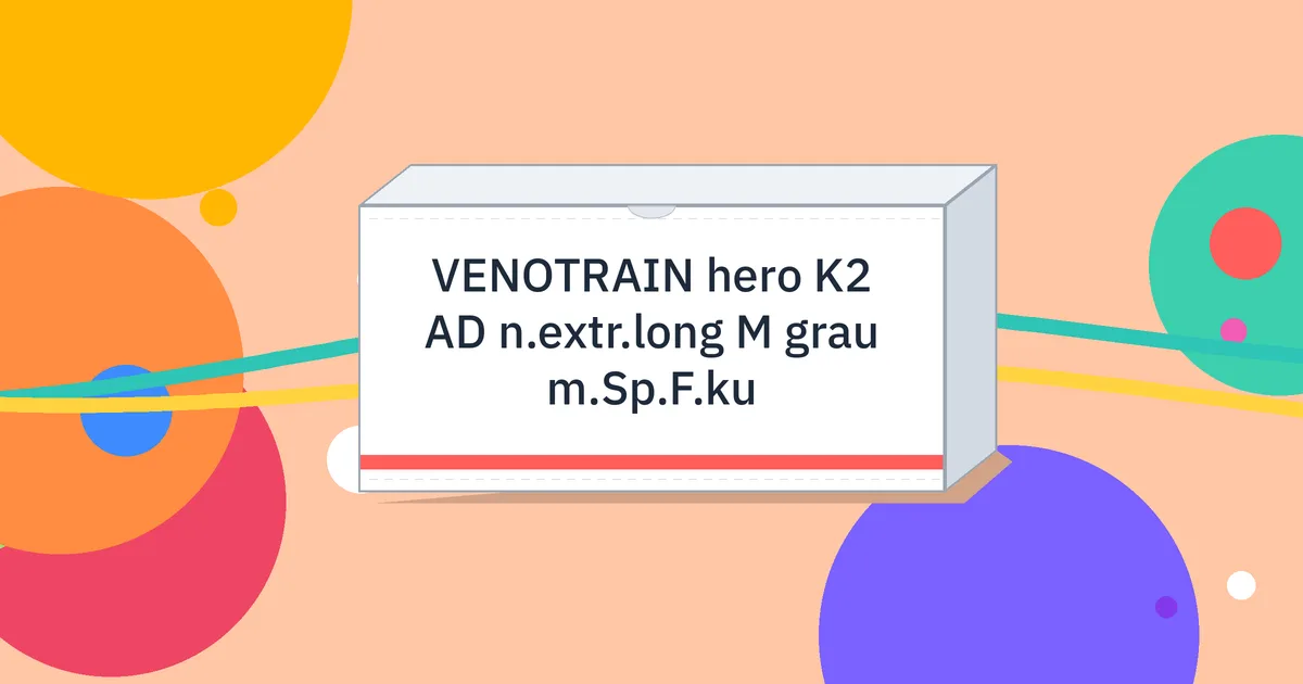 Symbolbild: Packung mit der Aufschrift VENOTRAIN hero K2 AD n.extr.long M grau m.Sp.F.ku (PZN 19190256) – Verfügbarkeit und Bezug in Apotheken in Frankfurt am Main