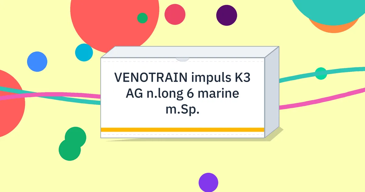 Symbolbild: Packung mit der Aufschrift VENOTRAIN impuls K3 AG n.long 6 marine m.Sp. (PZN 15212966) – Verfügbarkeit und Bezug in Apotheken in Frankfurt am Main
