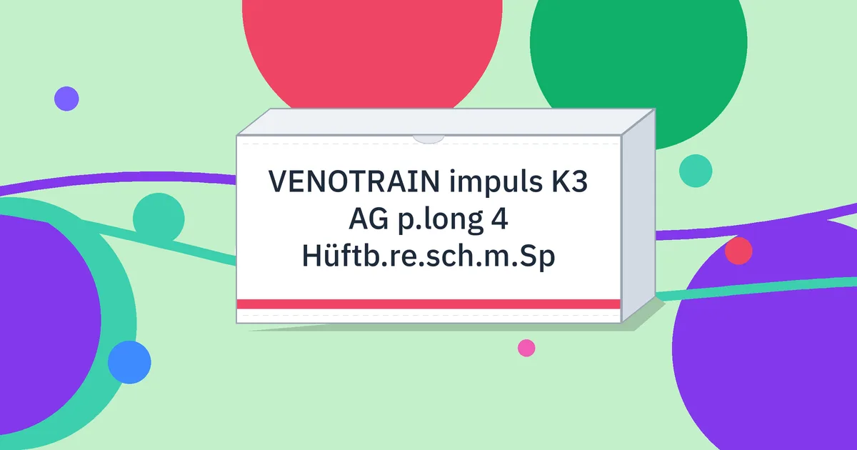 Symbolbild: Packung mit der Aufschrift VENOTRAIN impuls K3 AG p.long 4 Hüftb.re.sch.m.Sp (PZN 10294020) – Verfügbarkeit und Bezug in Apotheken in Frankfurt am Main