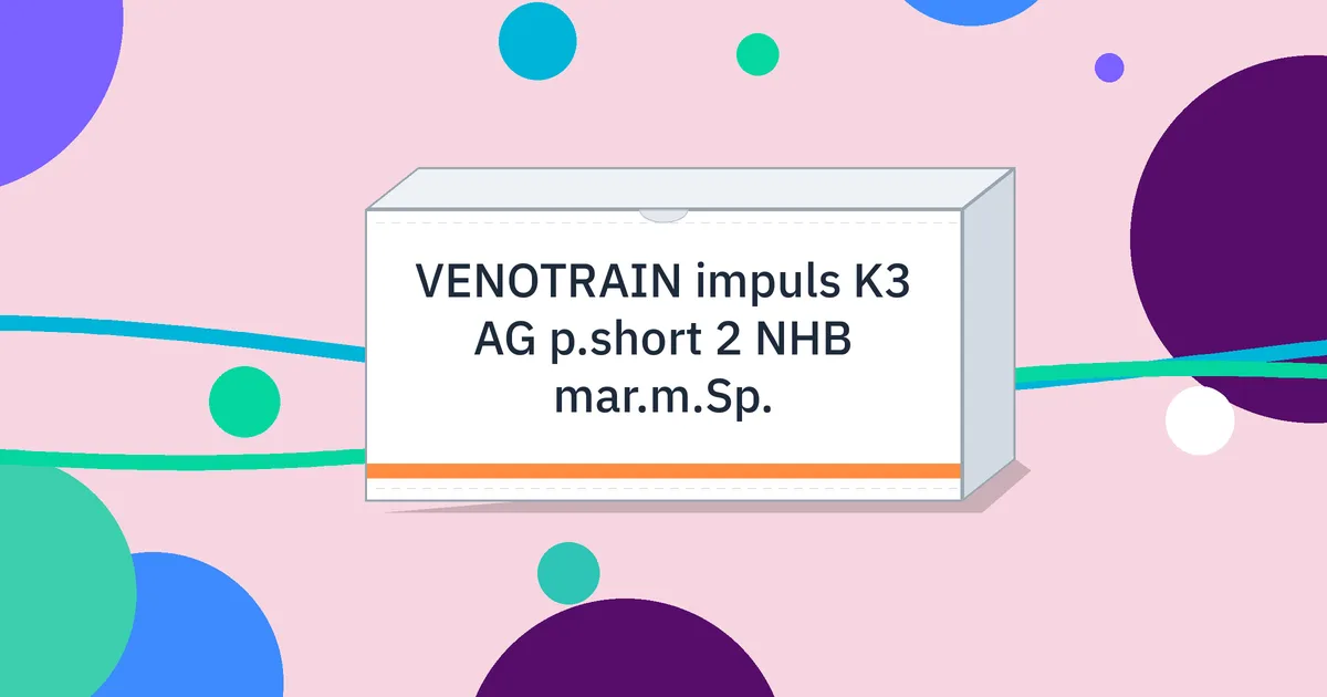 Symbolbild: Packung mit der Aufschrift VENOTRAIN impuls K3 AG p.short 2 NHB mar.m.Sp. (PZN 15215367) – Verfügbarkeit und Bezug in Apotheken in Frankfurt am Main