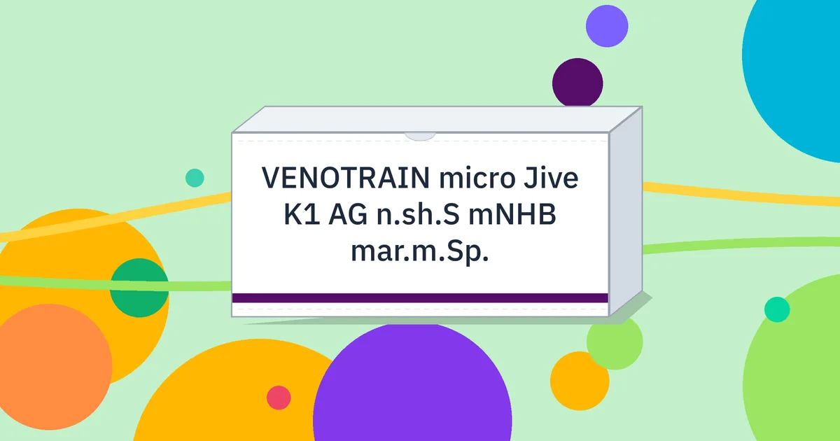 Symbolbild: Packung mit der Aufschrift VENOTRAIN micro Jive K1 AG n.sh.S mNHB mar.m.Sp. (PZN 17761737) – Verfügbarkeit und Bezug in Apotheken in Frankfurt am Main