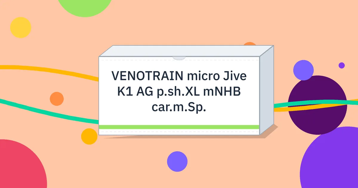 Symbolbild: Packung mit der Aufschrift VENOTRAIN micro Jive K1 AG p.sh.XL mNHB car.m.Sp. (PZN 17758735) – Verfügbarkeit und Bezug in Apotheken in Frankfurt am Main