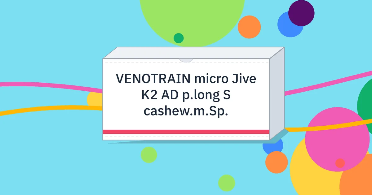 Symbolbild: Packung mit der Aufschrift VENOTRAIN micro Jive K2 AD p.long S cashew.m.Sp. (PZN 20768513) – Verfügbarkeit und Bezug in Apotheken in Frankfurt am Main