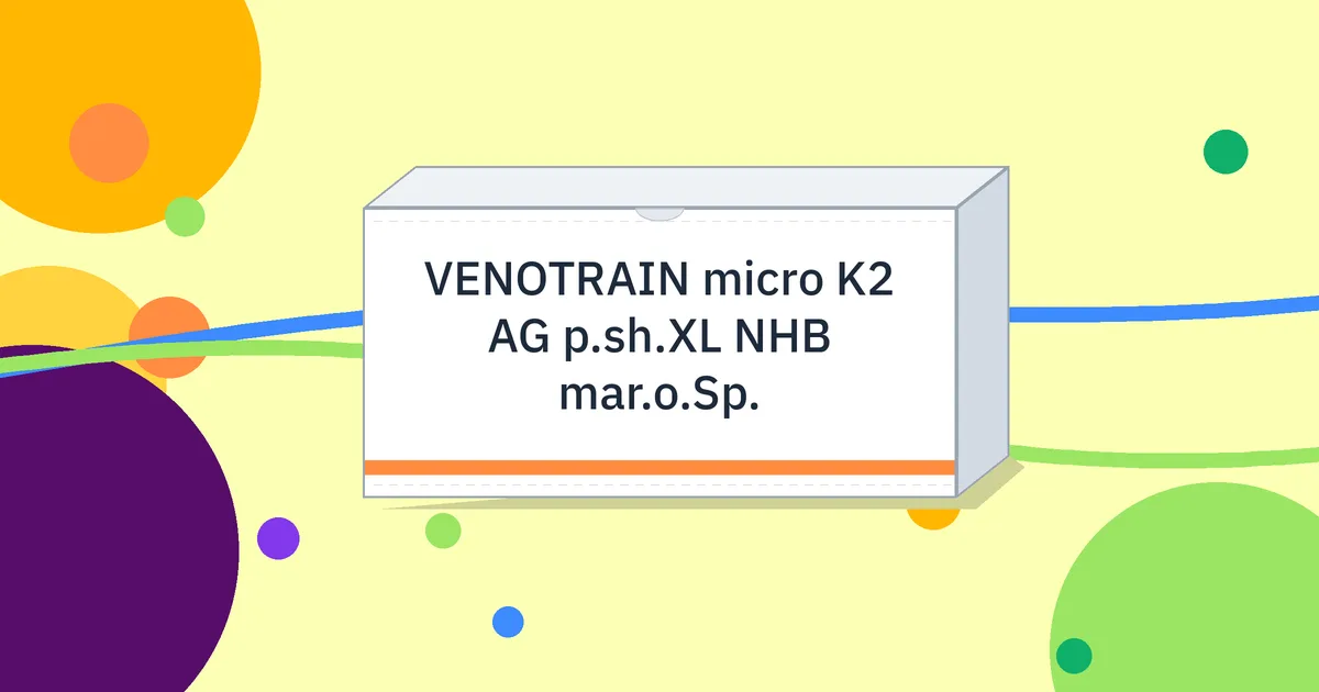 Symbolbild: Packung mit der Aufschrift VENOTRAIN micro K2 AG p.sh.XL NHB mar.o.Sp. (PZN 06699550) – Verfügbarkeit und Bezug in Apotheken in Frankfurt am Main