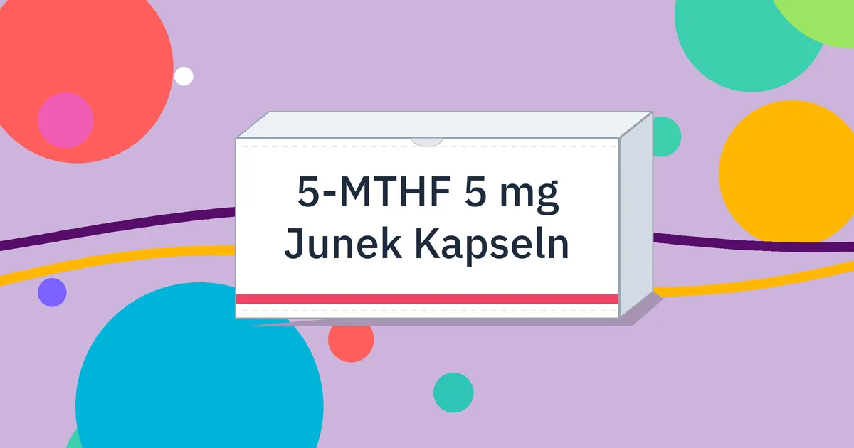 Symbolbild: Packung mit der Aufschrift 5-MTHF 5 mg Junek Kapseln (PZN 20078949) – Verfügbarkeit und Bezug in Apotheken in Frankfurt am Main
