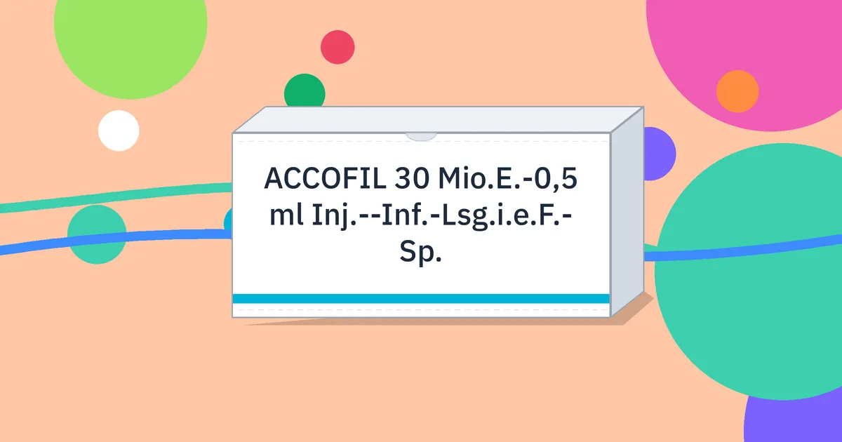 Symbolbild: Packung mit der Aufschrift ACCOFIL 30 Mio.E.-0,5 ml Inj.--Inf.-Lsg.i.e.F.-Sp. (PZN 15569102) – Verfügbarkeit und Bezug in Apotheken in Frankfurt am Main