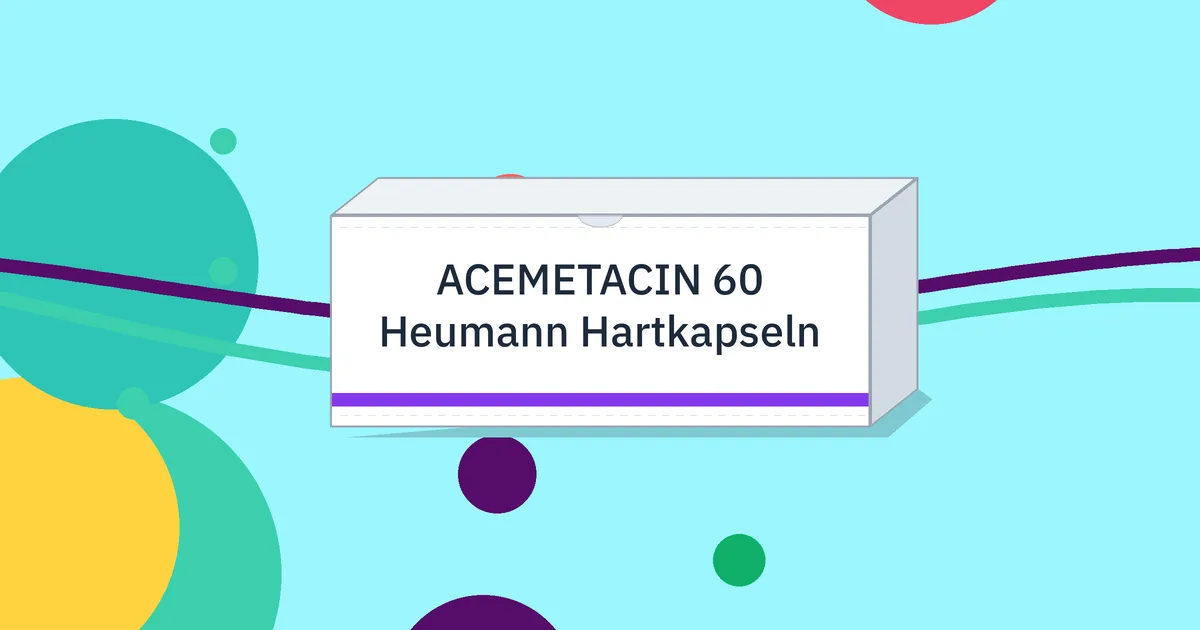 Symbolbild: Packung mit der Aufschrift ACEMETACIN 60 Heumann Hartkapseln (PZN 19468154) – Verfügbarkeit und Bezug in Apotheken in Frankfurt am Main
