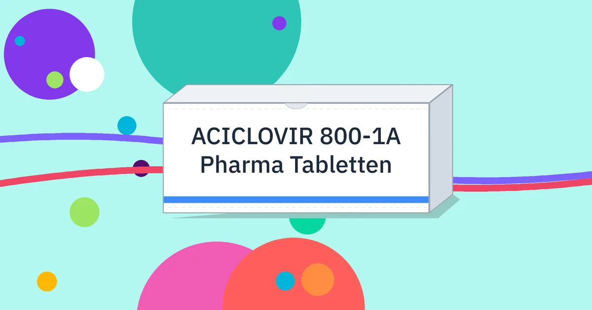 Symbolbild: Packung mit der Aufschrift ACICLOVIR 800-1A Pharma Tabletten (PZN 08671219) – Verfügbarkeit und Bezug in Apotheken in Frankfurt am Main