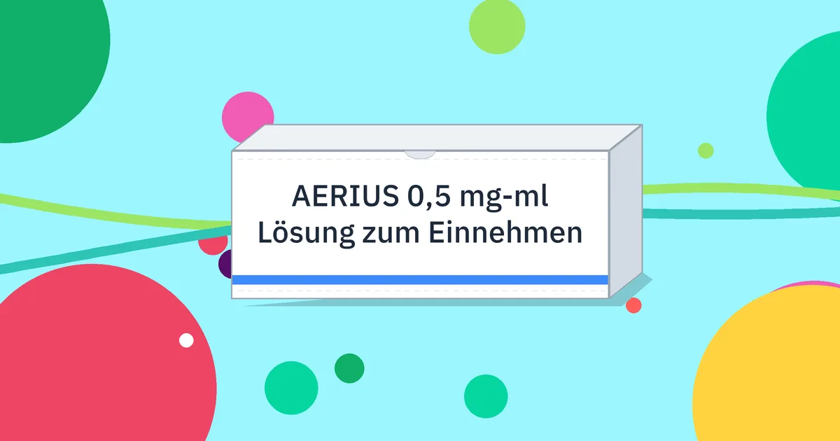 Symbolbild: Packung mit der Aufschrift AERIUS 0,5 mg-ml Lösung zum Einnehmen (PZN 03079290) – Verfügbarkeit und Bezug in Apotheken in Frankfurt am Main