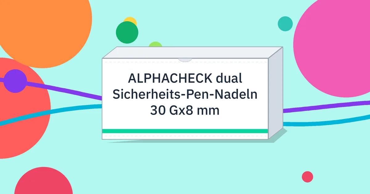 Symbolbild: Packung mit der Aufschrift ALPHACHECK dual Sicherheits-Pen-Nadeln 30 Gx8 mm (PZN 16008765) – Verfügbarkeit und Bezug in Apotheken in Frankfurt am Main