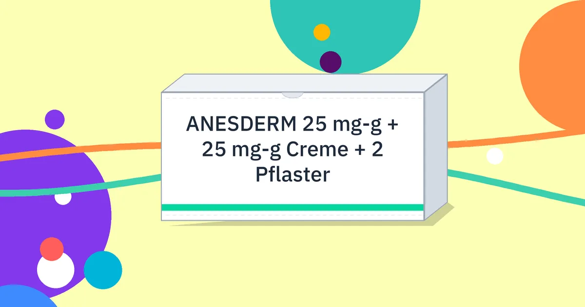Symbolbild: Packung mit der Aufschrift ANESDERM 25 mg-g + 25 mg-g Creme + 2 Pflaster (PZN 09071496) – Verfügbarkeit und Bezug in Apotheken in Frankfurt am Main