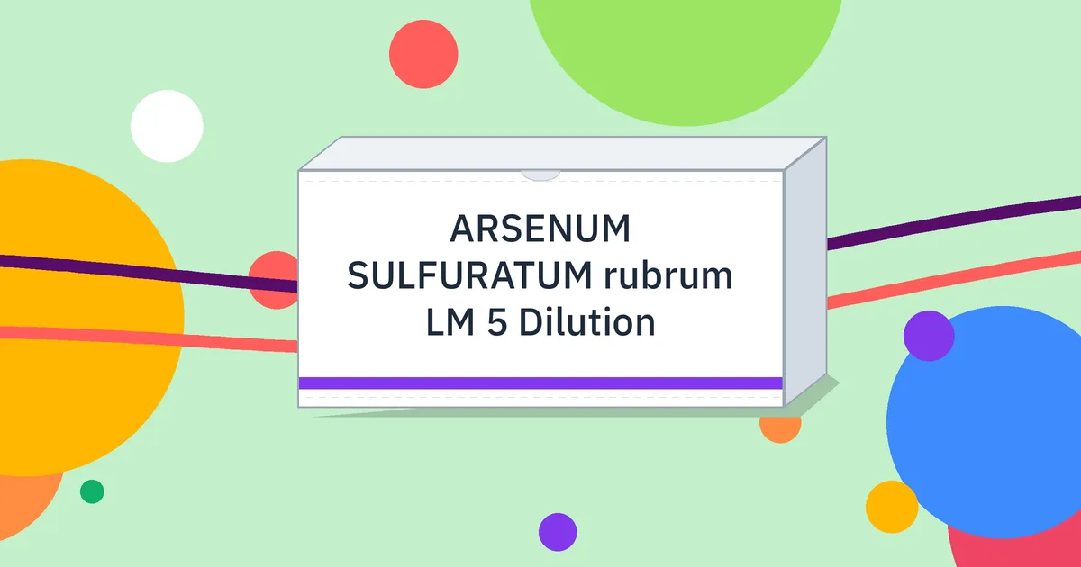 Symbolbild: Packung mit der Aufschrift ARSENUM SULFURATUM rubrum LM 5 Dilution (PZN 12779690) – Verfügbarkeit und Bezug in Apotheken in Frankfurt am Main
