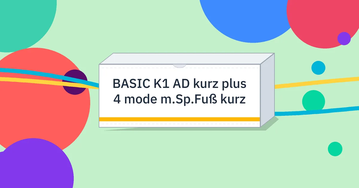 Symbolbild: Packung mit der Aufschrift BASIC K1 AD kurz plus 4 mode m.Sp.Fuß kurz (PZN 20258568) – Verfügbarkeit und Bezug in Apotheken in Frankfurt am Main