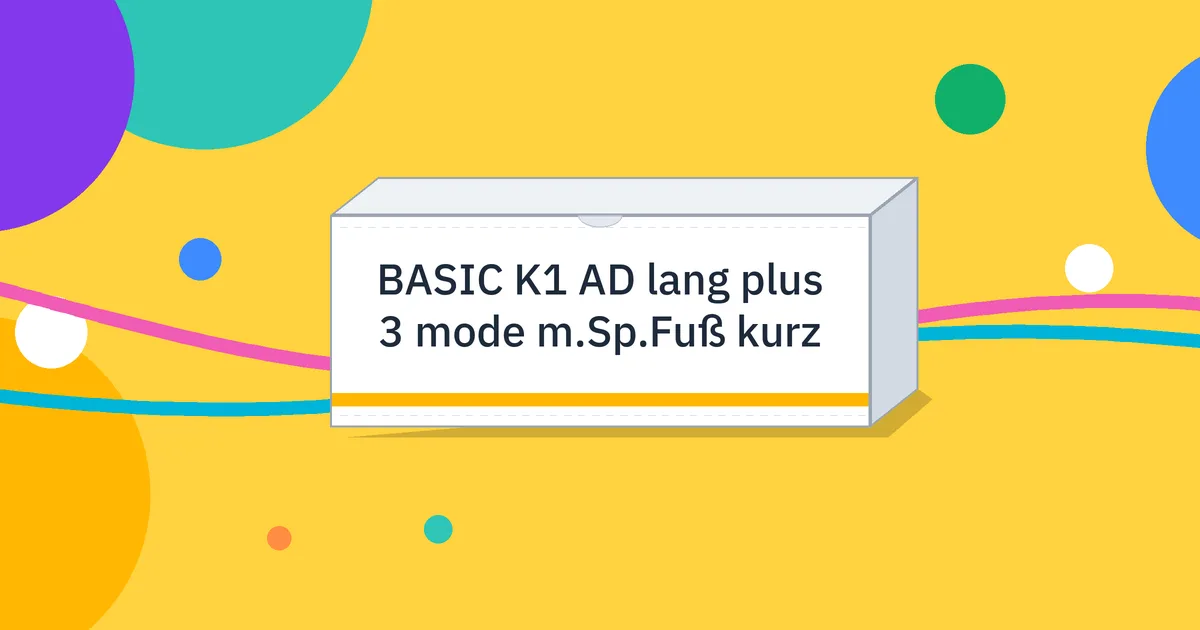 Symbolbild: Packung mit der Aufschrift BASIC K1 AD lang plus 3 mode m.Sp.Fuß kurz (PZN 20258083) – Verfügbarkeit und Bezug in Apotheken in Frankfurt am Main