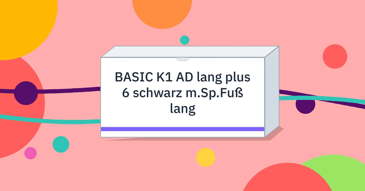 Symbolbild: Packung mit der Aufschrift BASIC K1 AD lang plus 6 schwarz m.Sp.Fuß lang (PZN 20259131) – Verfügbarkeit und Bezug in Apotheken in Frankfurt am Main