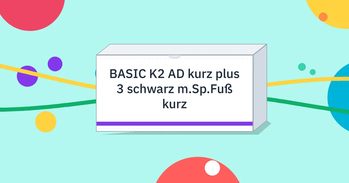 Symbolbild: Packung mit der Aufschrift BASIC K2 AD kurz plus 3 schwarz m.Sp.Fuß kurz (PZN 20264379) – Verfügbarkeit und Bezug in Apotheken in Frankfurt am Main
