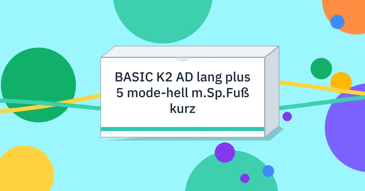 Symbolbild: Packung mit der Aufschrift BASIC K2 AD lang plus 5 mode-hell m.Sp.Fuß kurz (PZN 20265350) – Verfügbarkeit und Bezug in Apotheken in Frankfurt am Main